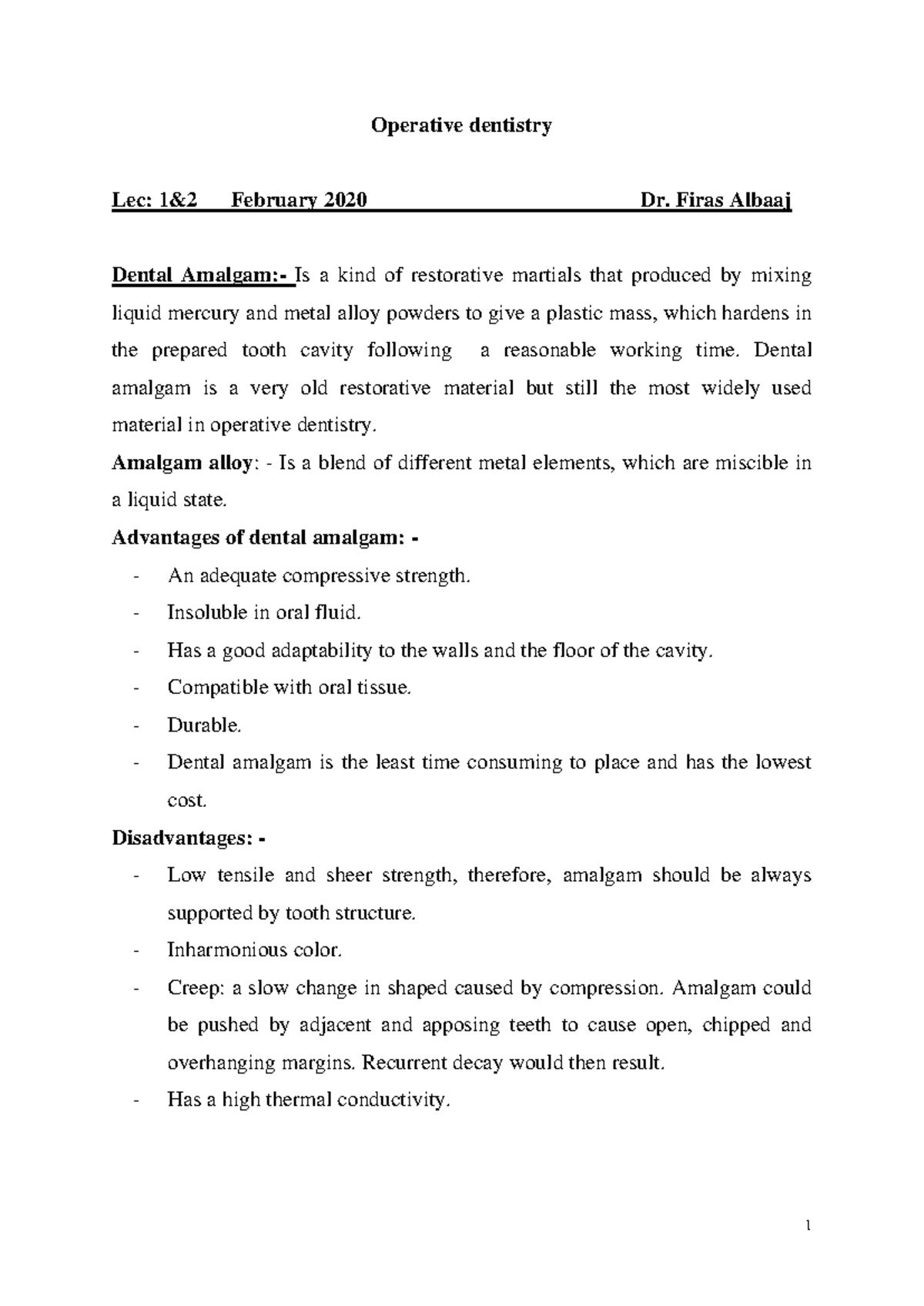 Operative Dentistry Lecture Notes: Dental Amalgam Overview (Feb 2020 ...