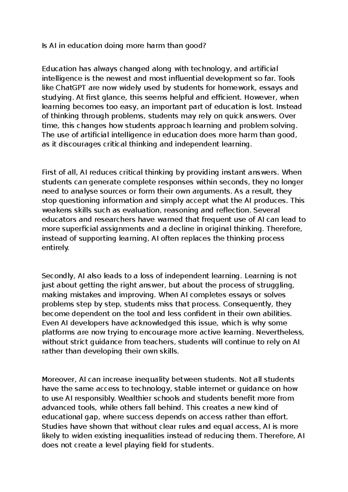 AI in Education: Harmful Effects on Learning and Critical Thinking ...