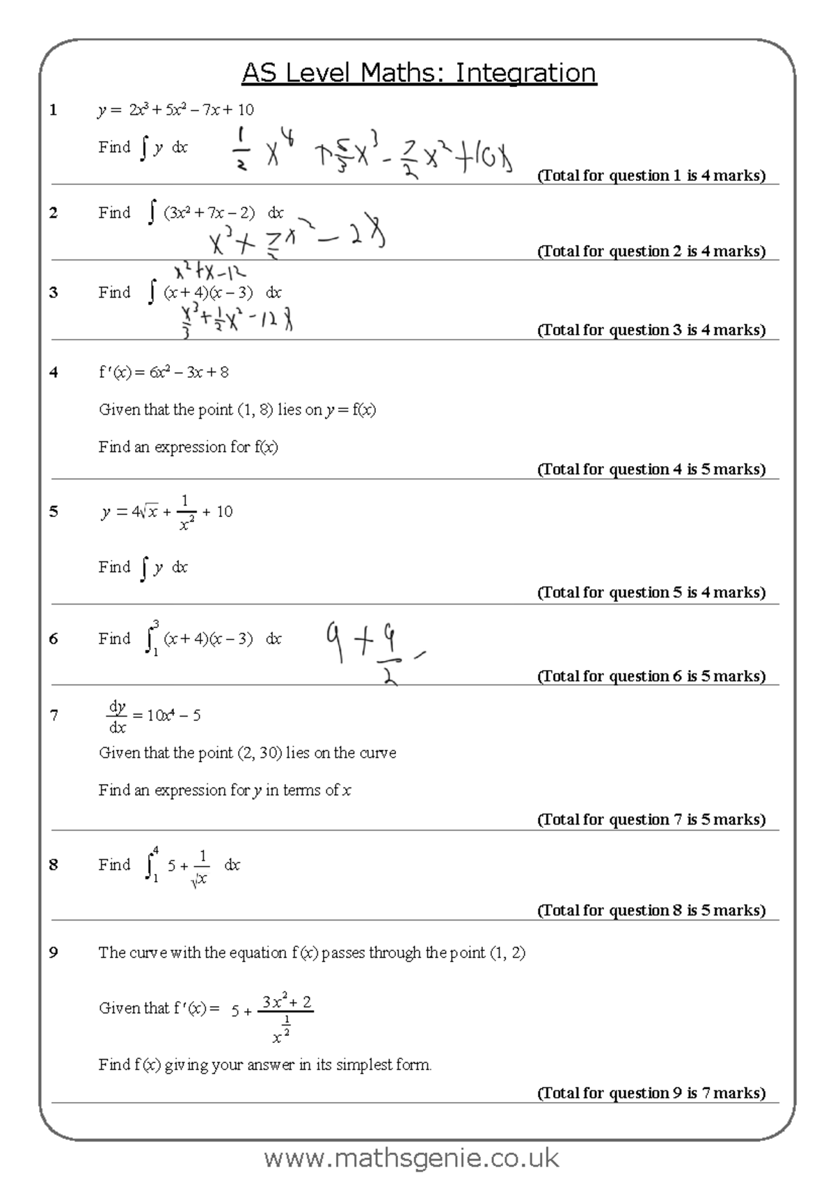 AS Level Maths: Integration Practice Questions and Solutions - Studocu