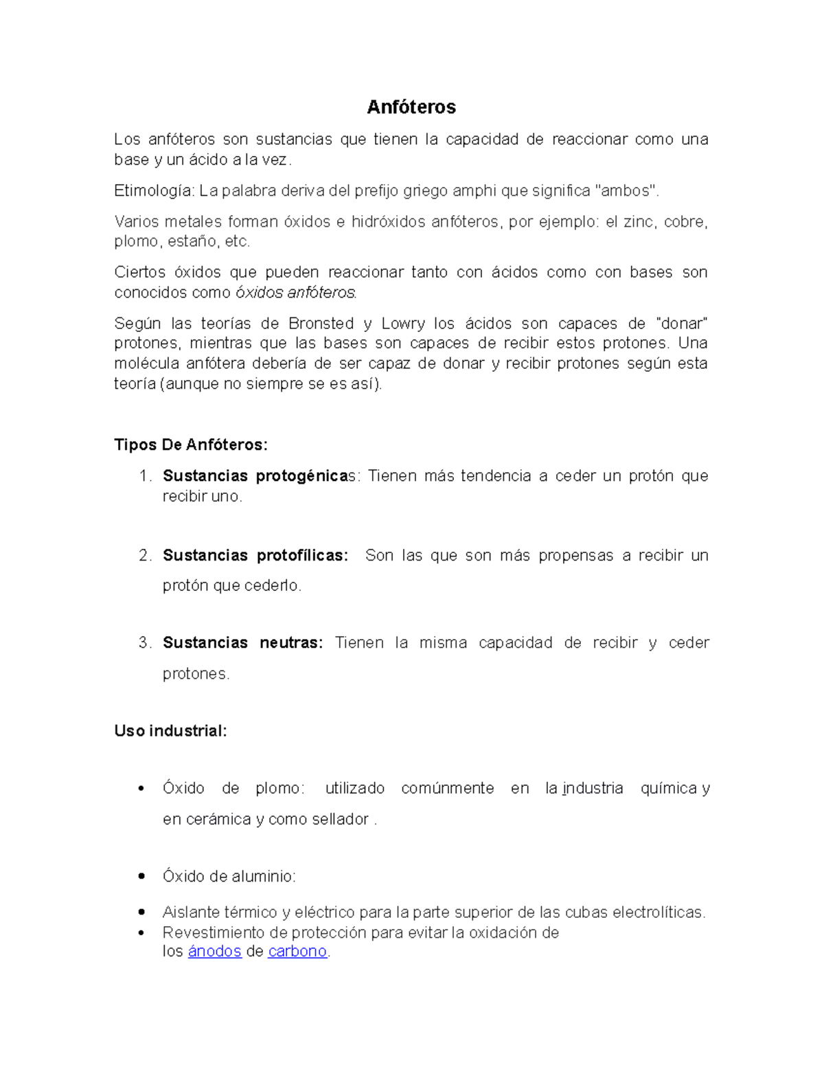 Anfóteros y Metaloides: Propiedades y Usos en Química - Studocu