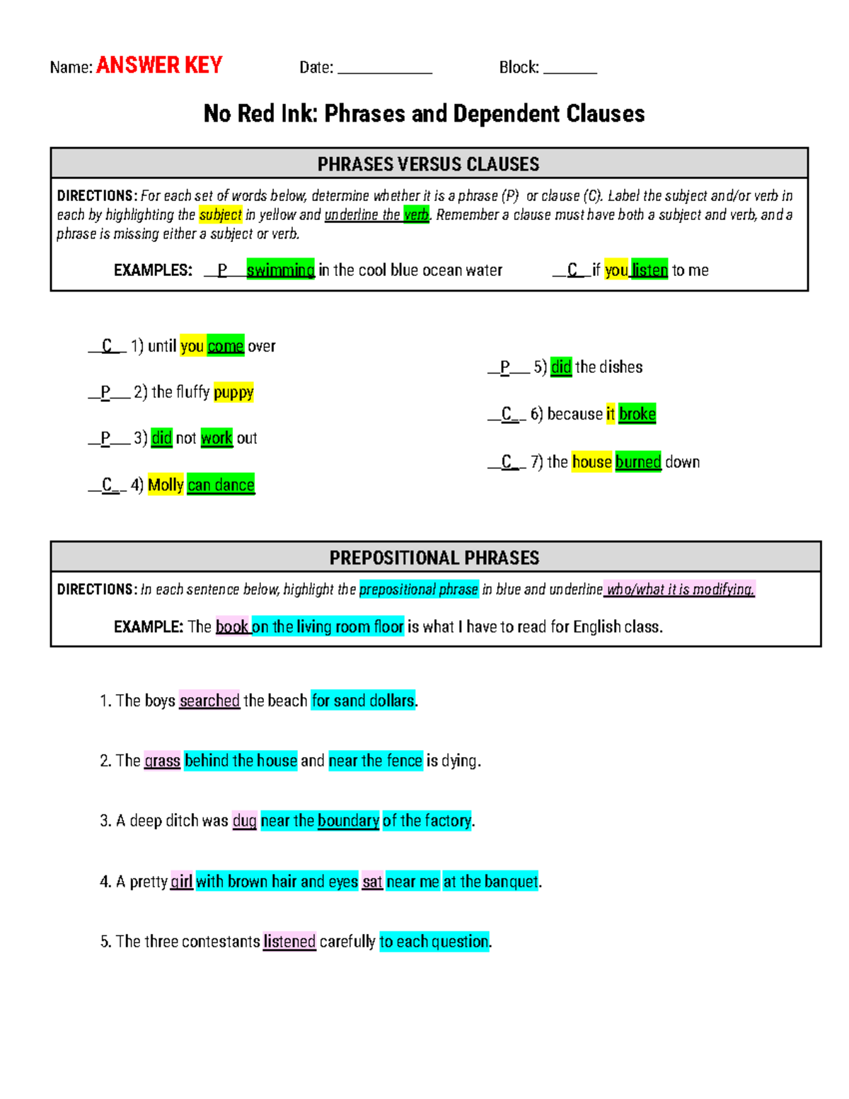 Worksheet 1 ( Answer KEY) Identifying Phrases and Dependent Clauses - Name: ANSWER KEY Date ...