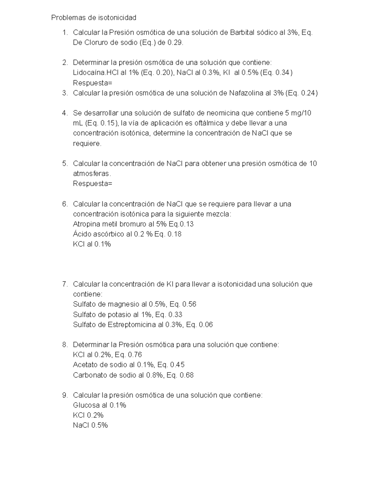 Problemas de isotonicidad en soluciones - Ejercicios prácticos - Studocu