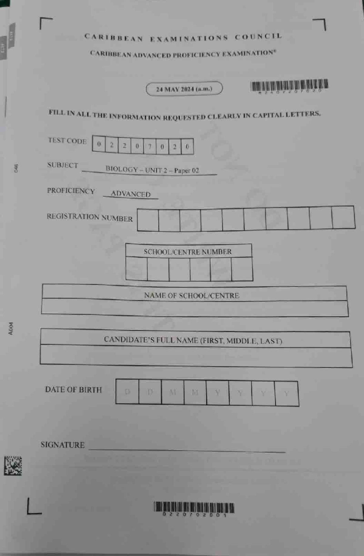 CAPE BIOLOGY UNIT 2 PAPER 2 - EXAMINATION SCRIPT MAY 2024 - Studocu