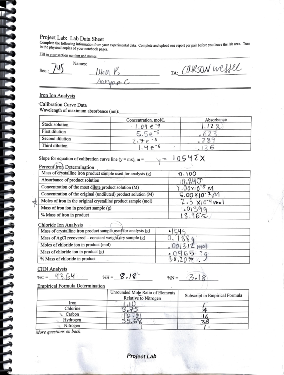 Project lab report form - Project Lab: Lab Data Sheet Complete th e following infonnation from ...