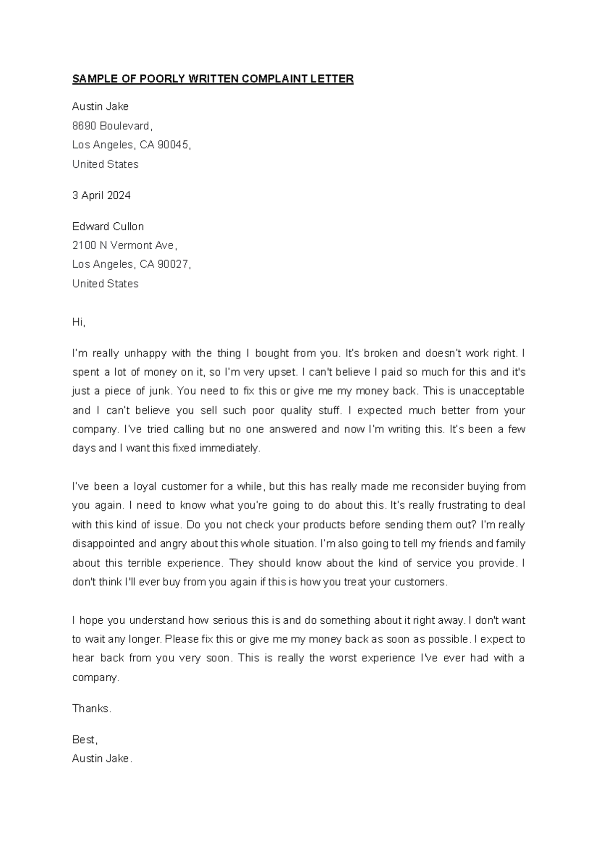 POORLY WRITTEN COMPLAINT LETTER EXAMPLE: A CASE STUDY - Studocu