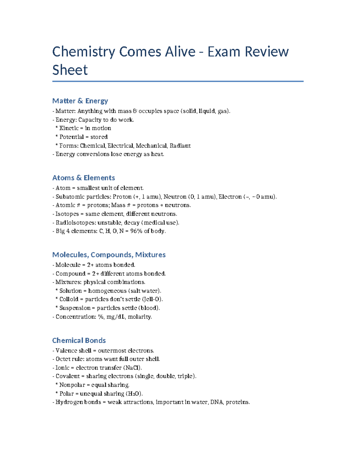 Chemistry 101 Final Exam Review: Matter, Energy, and Bonds - Studocu