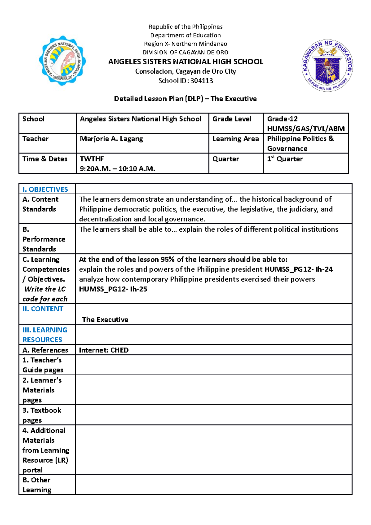 DLP-PPG The Executive: Detailed Lesson Plan for HUMSS/GAS/TVL/ABM - Studocu