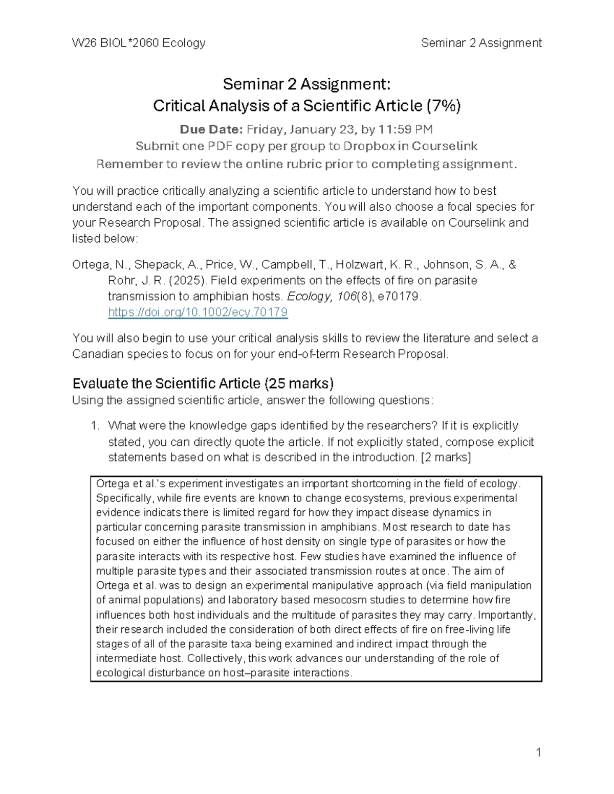 W26 Ecology Seminar 2 Assignment: Critical Analysis of Scientific ...