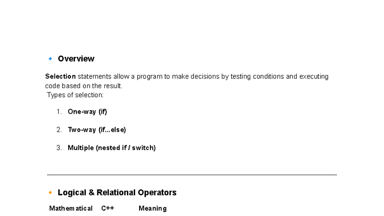 CS101: Overview of Selection Statements and Logical Expressions - Studocu