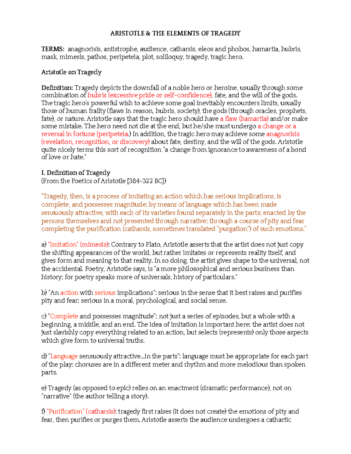 Aristotle's Elements of Tragedy: Key Terms and Concepts - Studocu