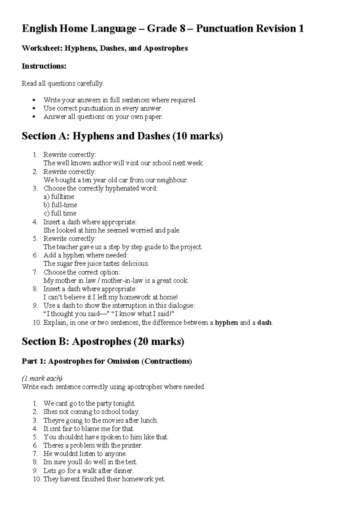 English HL Grade 8 Punctuation Revision Worksheet: Hyphens, Dashes ...