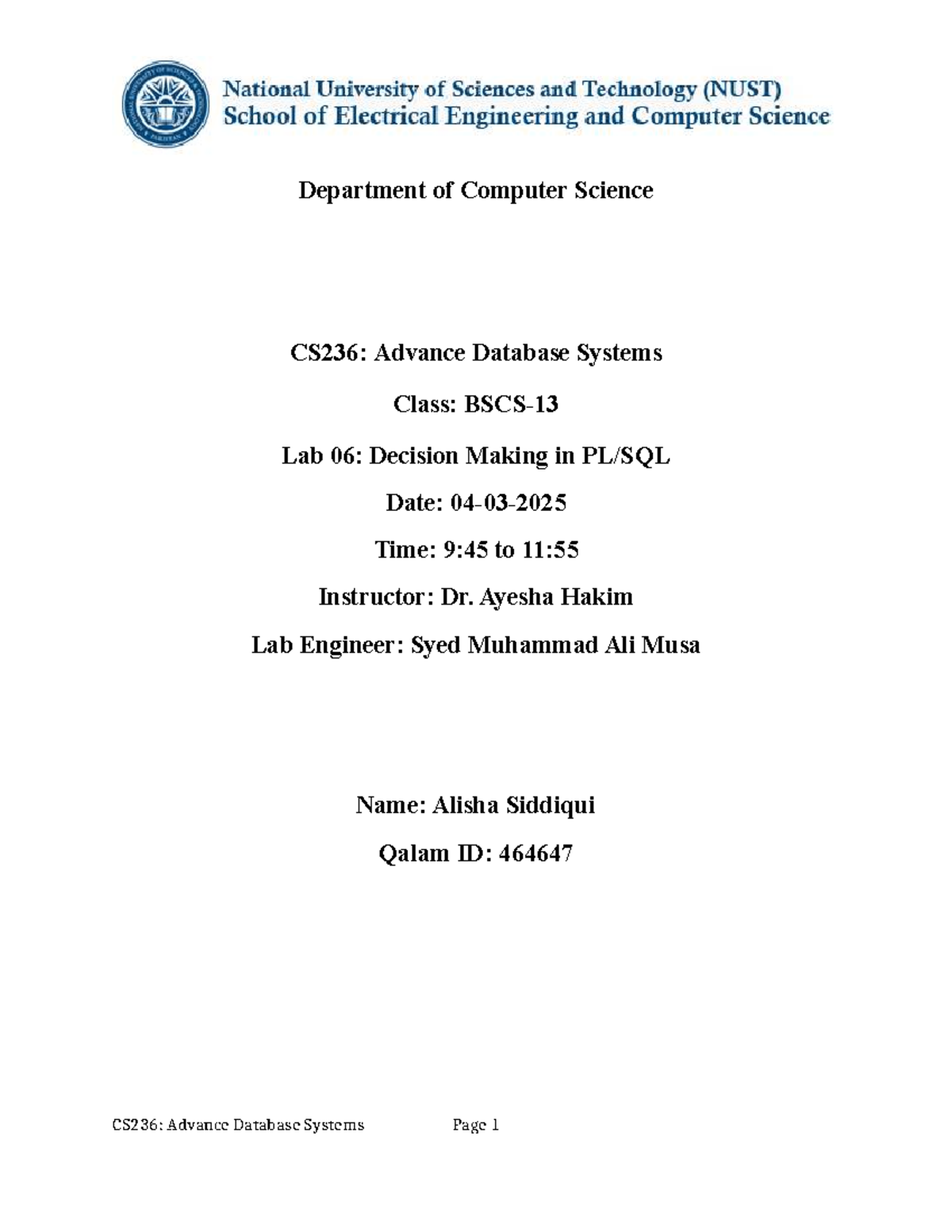 CS236: Advanced Database Systems Lab 06 - Decision Making in PL/SQL ...
