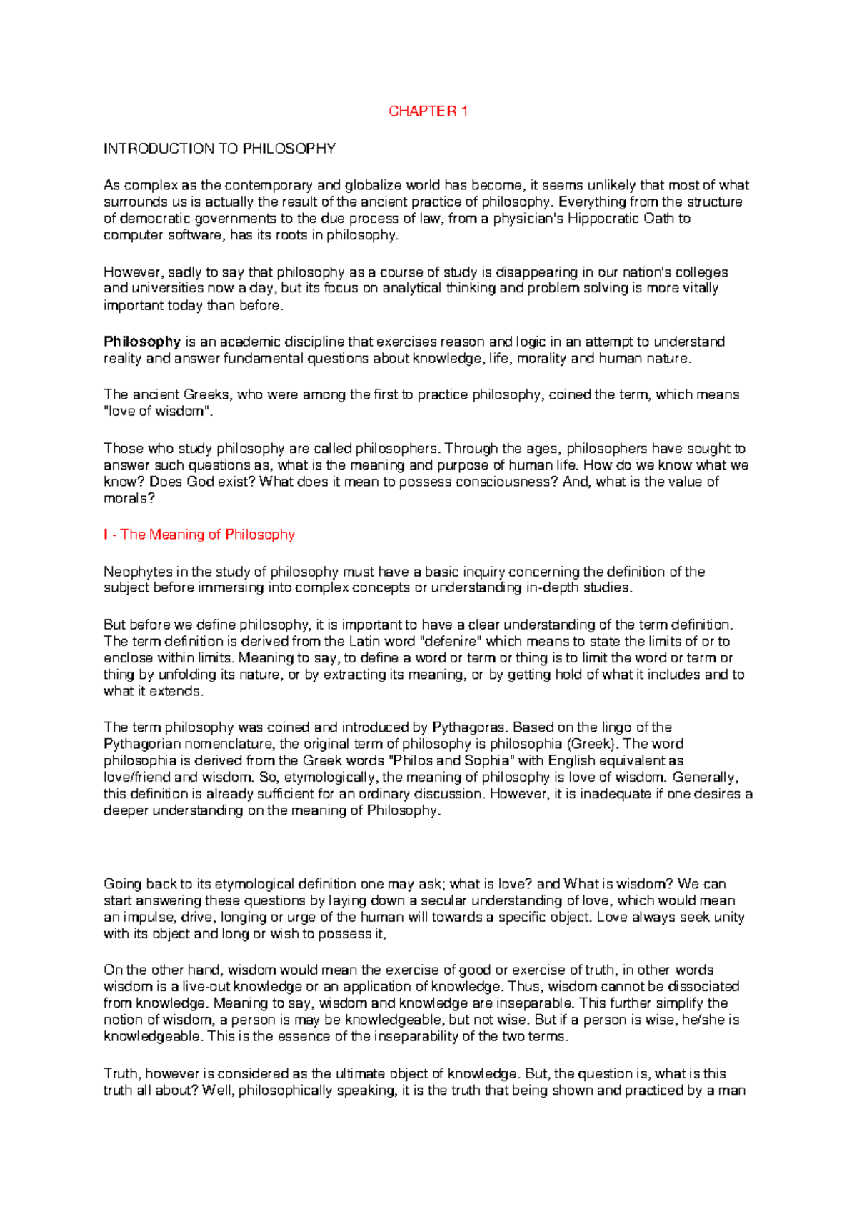 Chapter 1 Introduction to Philosophy - CHAPTER 1 INTRODUCTION TO PHILOSOPHY As complex as the ...