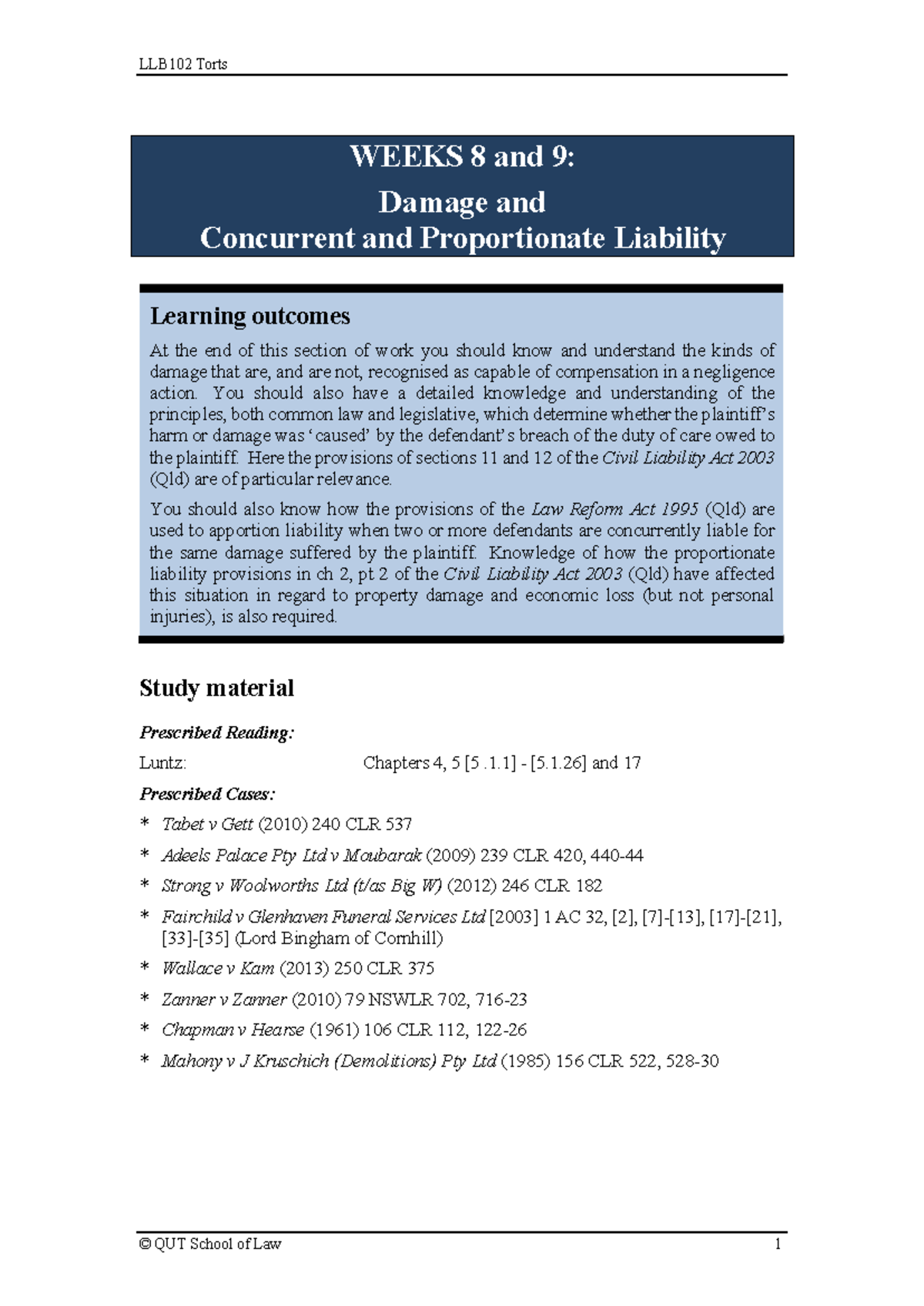 LLB102 Torts Study Materials: Weeks 8 & 9 on Damage & Liability - Studocu