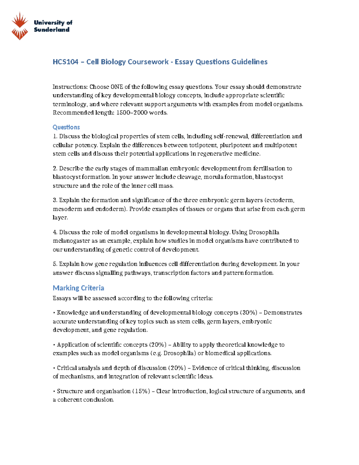 HCS104 Cell Biology Essay Questions & Marking Criteria Guide - Studocu