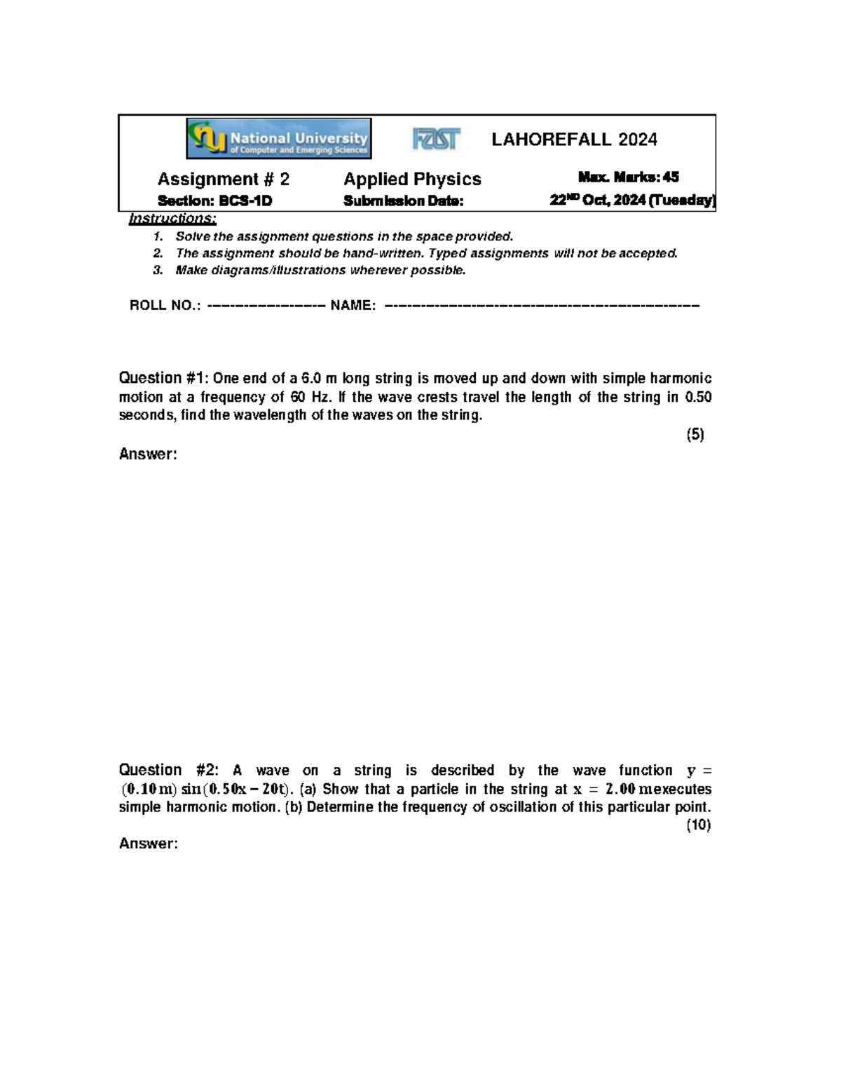 Assignment no 2. BSC-1D - Instructions: Solve the assignment questions ...