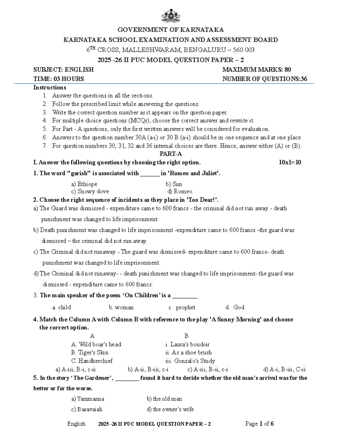 II PUC ENGLISH MODEL QUESTION PAPER 2 (2025-26) - Studocu