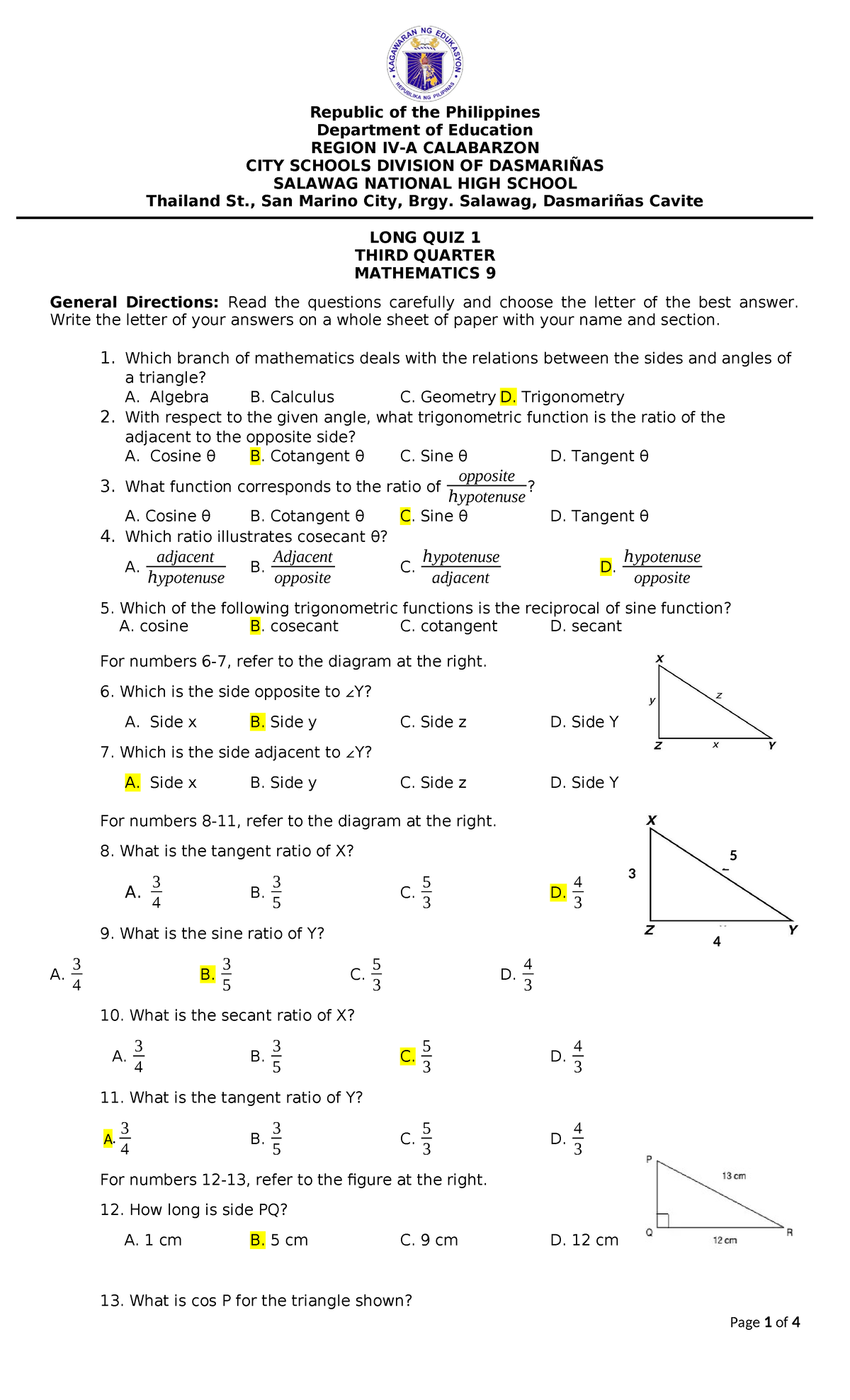 M9 Long Quiz 1: Trigonometry Questions and Solved Examples - Studocu