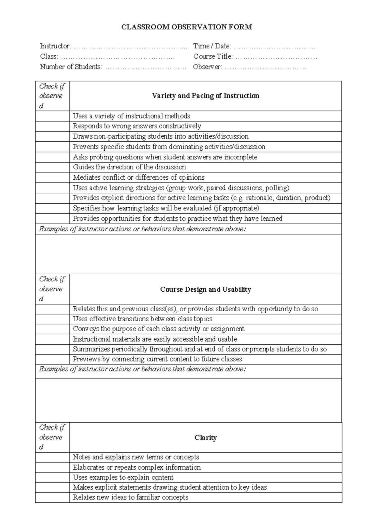 Classroom Observation FORM - CLASSROOM OBSERVATION FORM Instructor ...