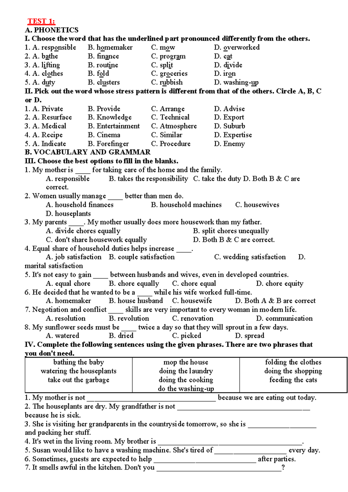 TEST 1: A. PHONETICS & VOCABULARY - Practice Unit 1 Family Life - Studocu