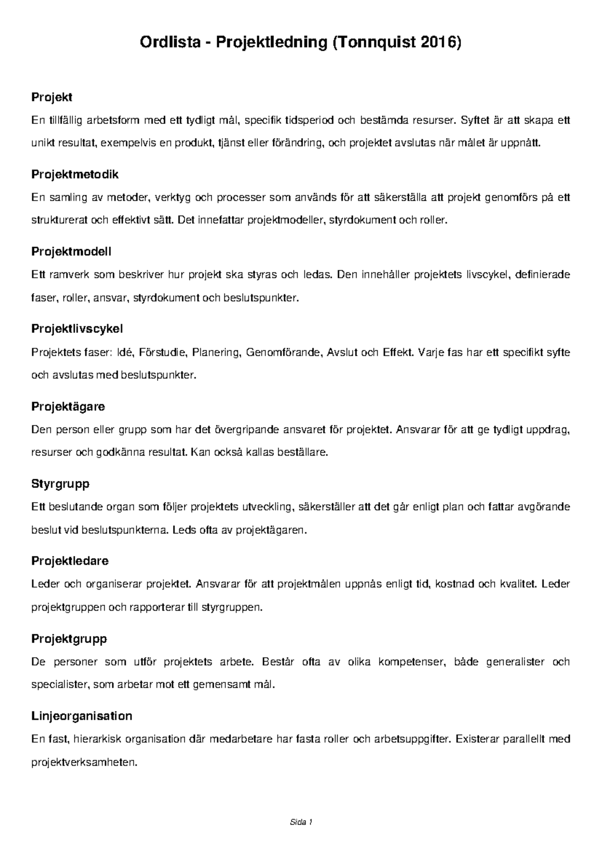 Ordlista för Projektledning (Tonnquist 2016) - Nyckelbegrepp och ...