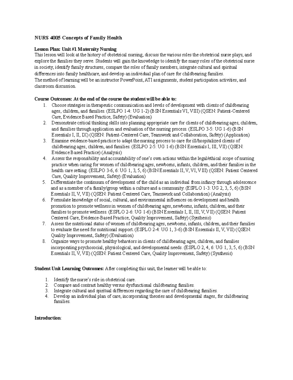 NURS4005 Unit 1 Maternity Nursing Lesson Plan & Course Outcomes - Studocu