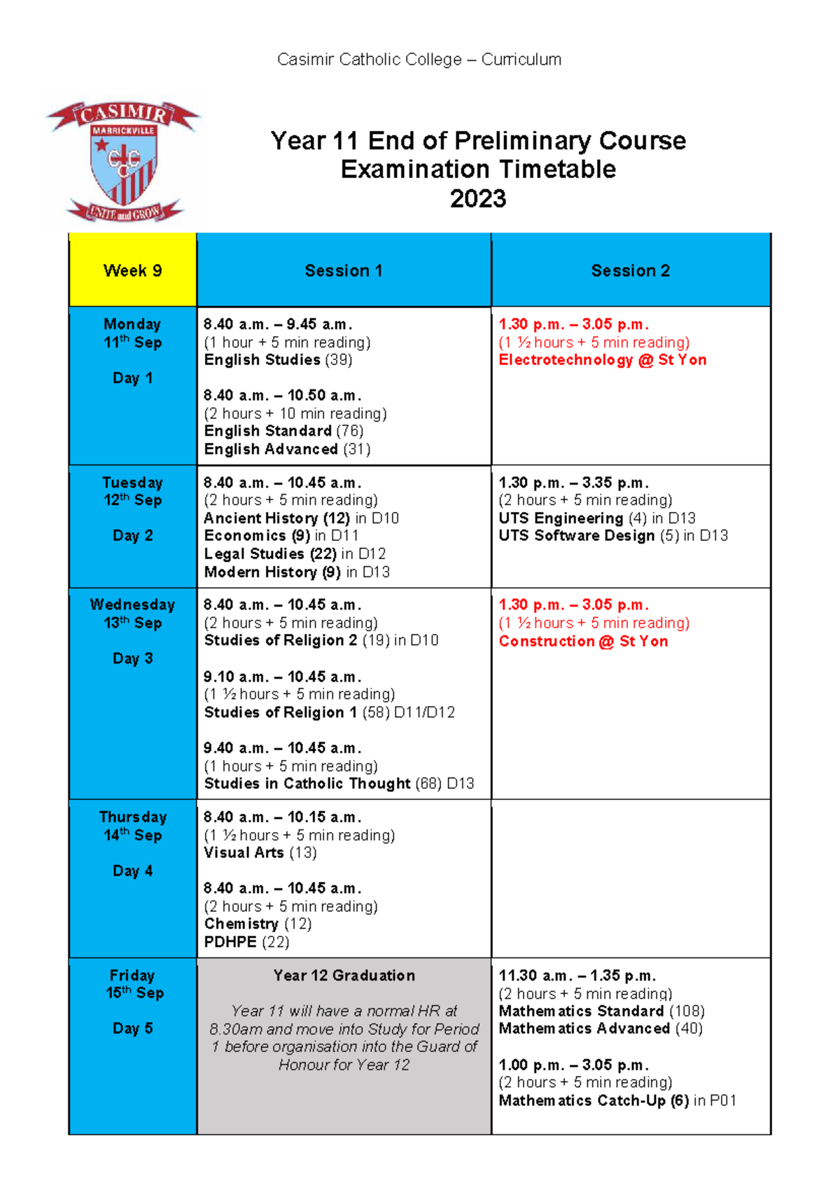 Casimir Catholic College Year 11 End of Preliminary Exam Timetable 2023 ...