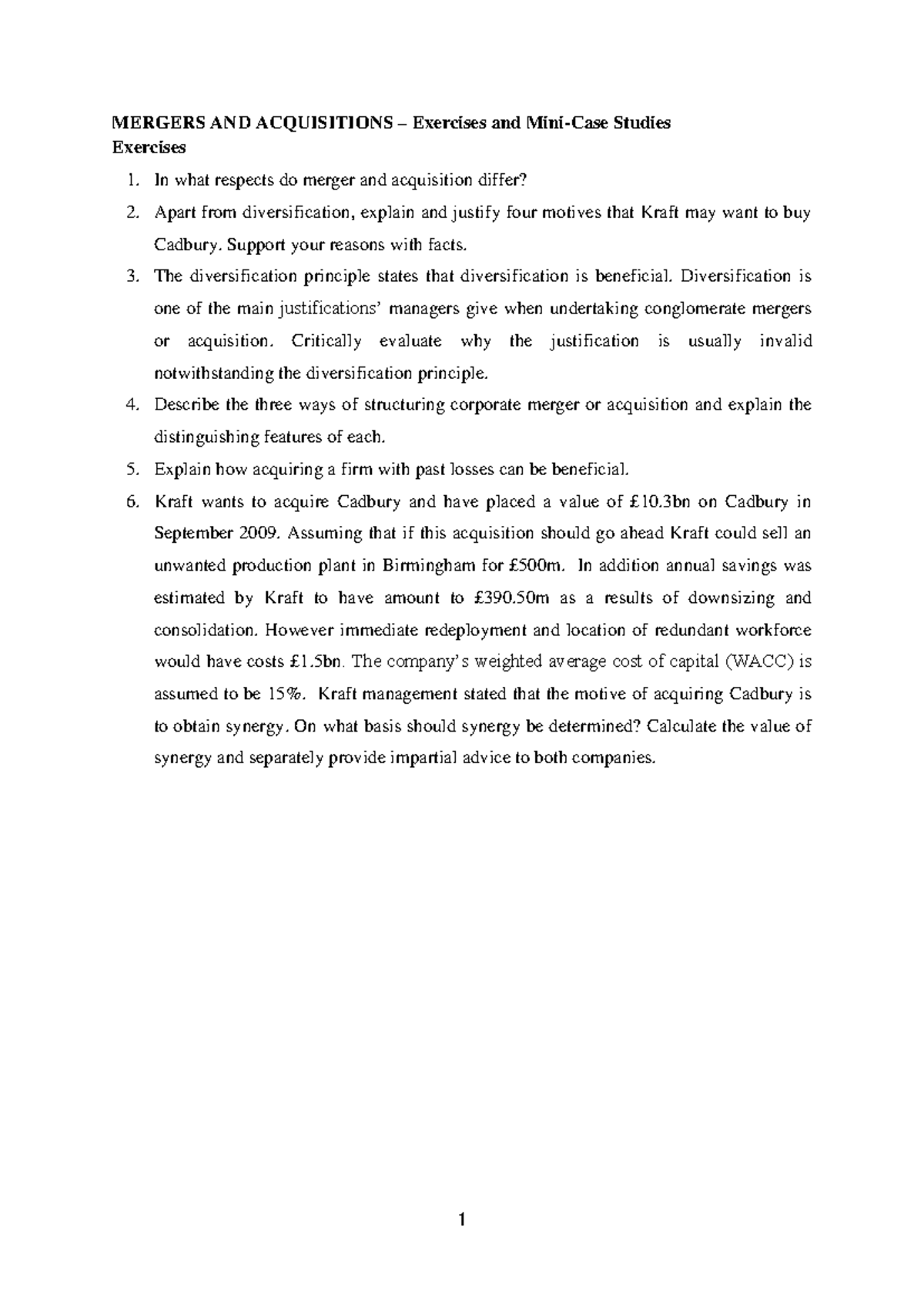 Mergers & Acquisitions (M&A) Exercises and Case Studies Analysis - Studocu
