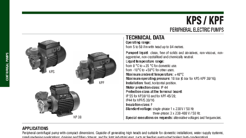 KPS KPF Peripheral Electric Pumps Technical Data Overview - Studocu