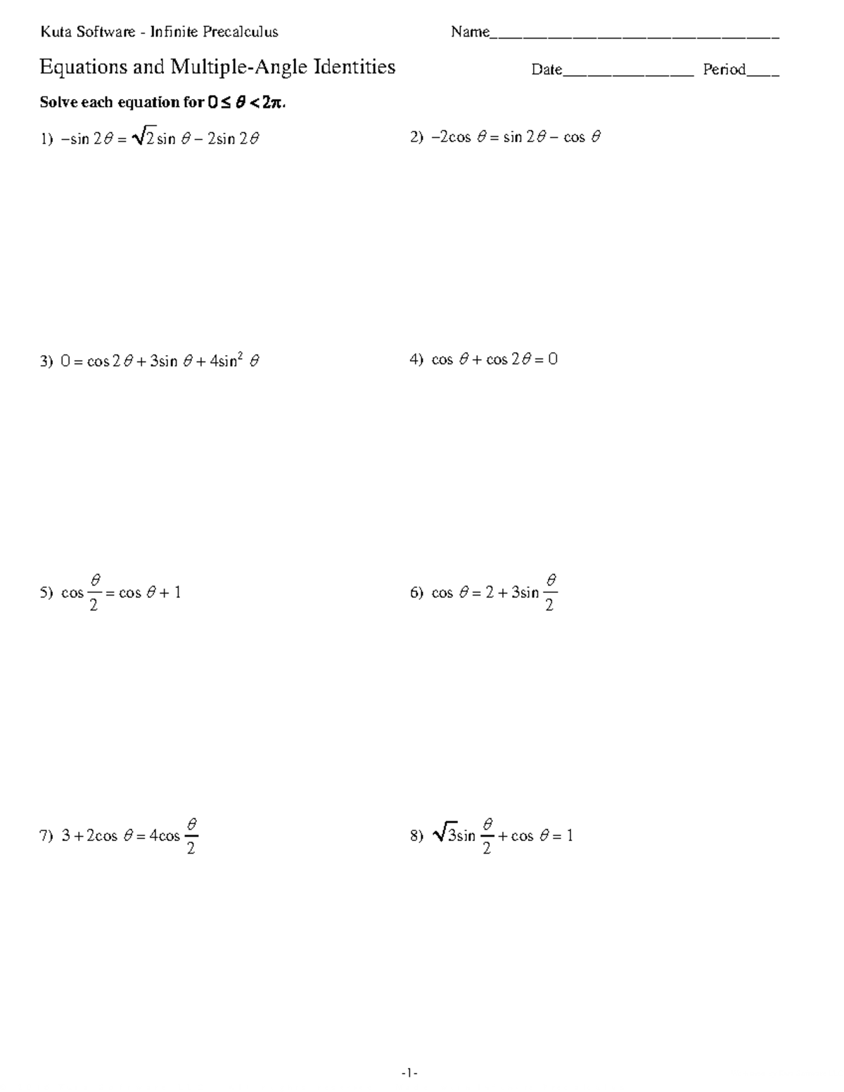 Kuta Software Precalculus Worksheet: Equations & Identities - Studocu