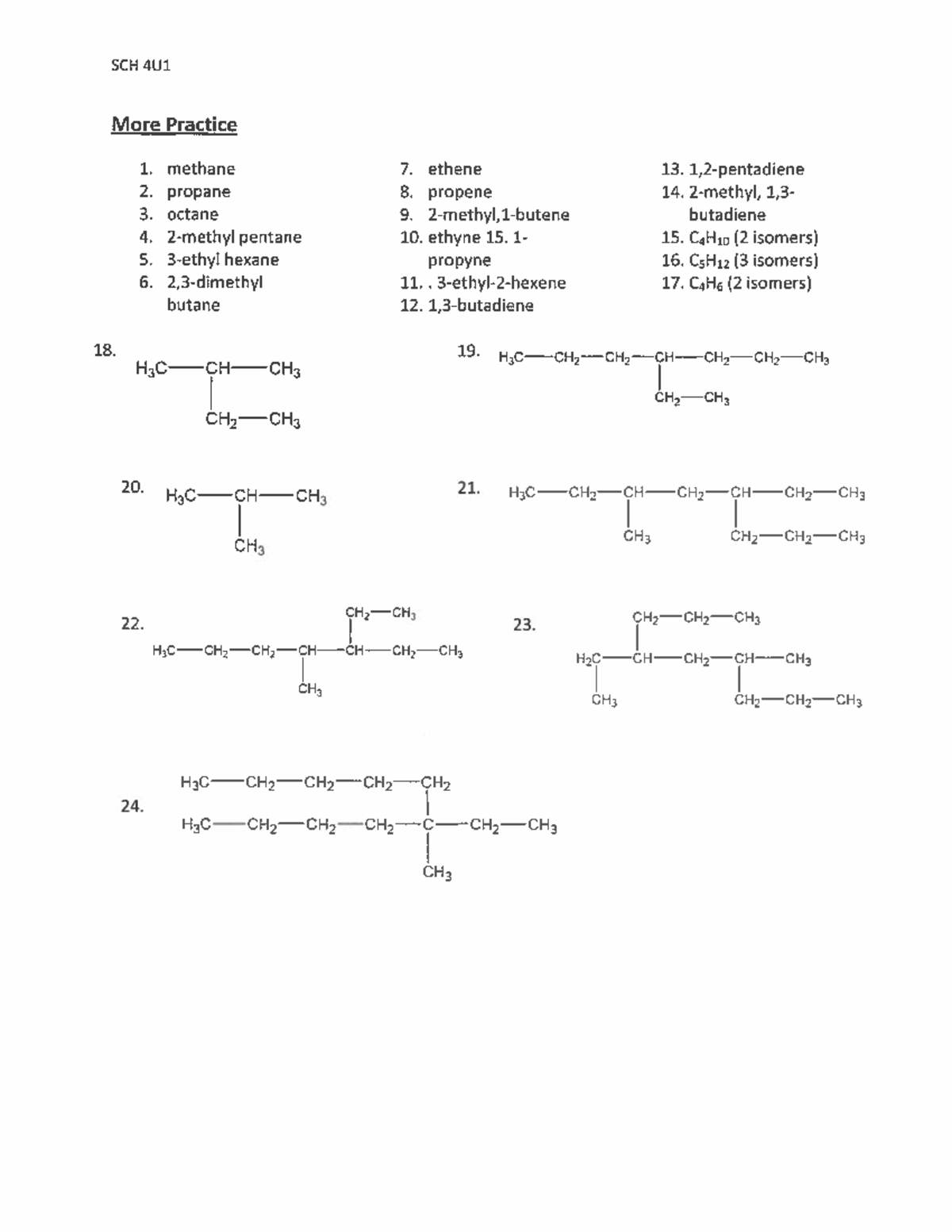 03c Naming & Drawing Hydrocarbons - SCH 4U1 More Practice 1. methane 7 ...
