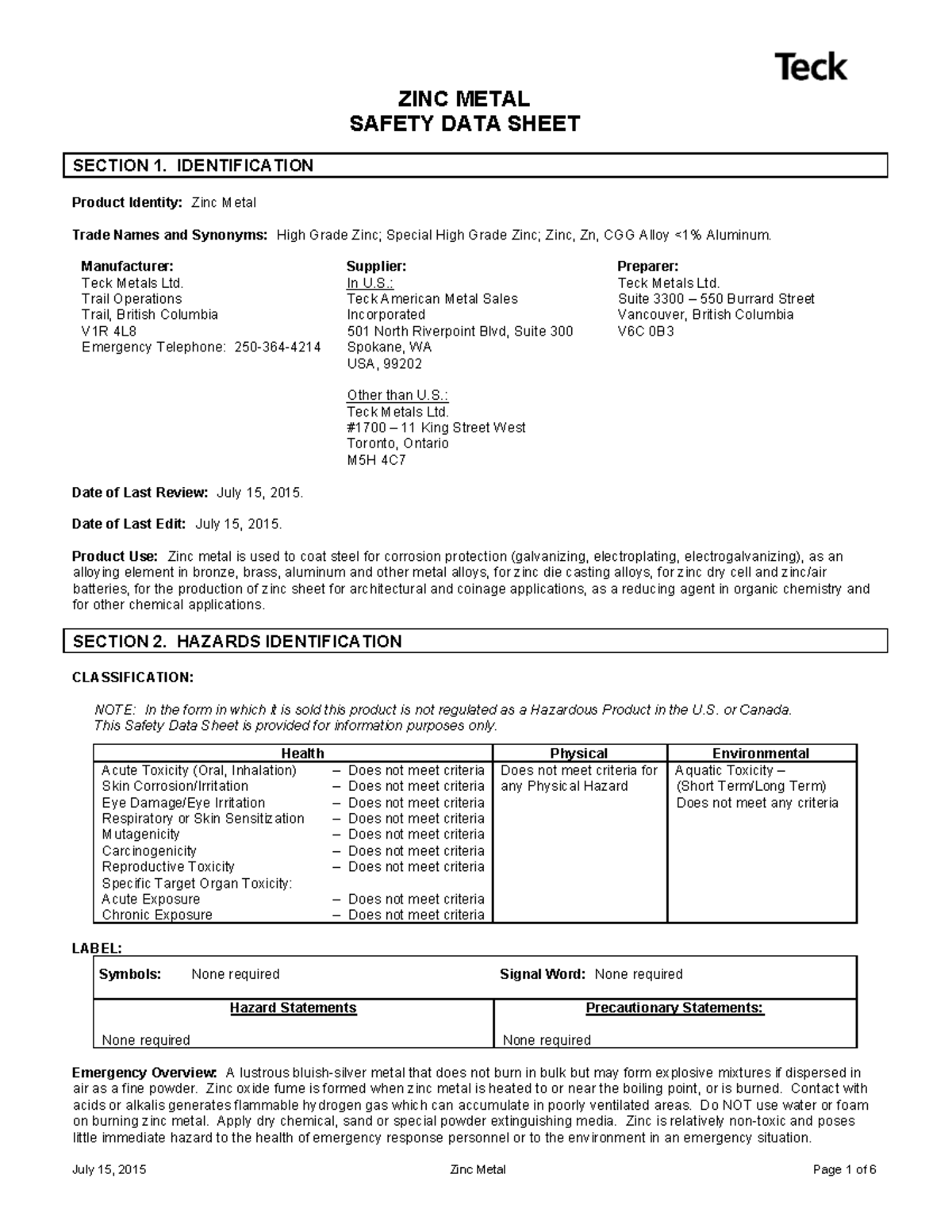 ZINC METAL SAFETY DATA SHEET (SDS) - Teck Metals Ltd. - Studocu