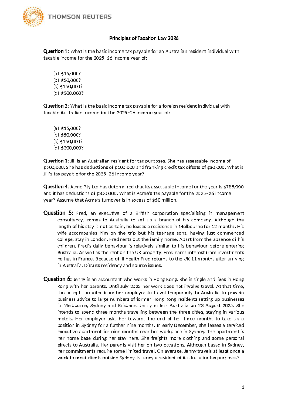 Taxation Law Principles 2026: Lecture 1 - Tutorial Questions - Studocu