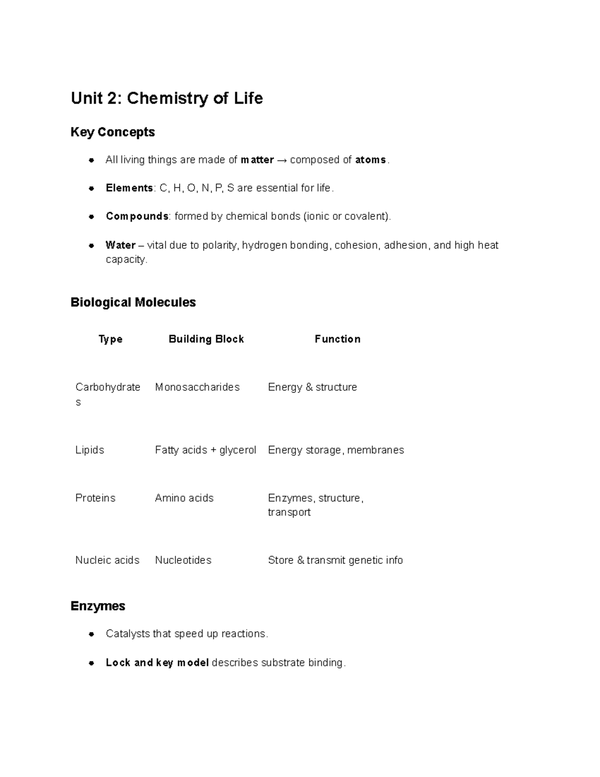 Unit 2: Temp Bio Study Guide - Chemistry of Life Concepts - Studocu