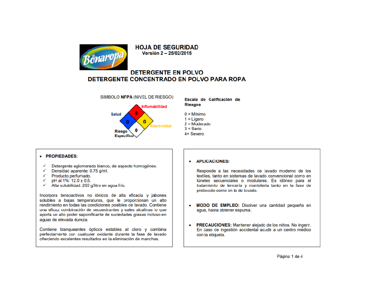 Hoja de Seguridad - Detergente en Polvo Bonaropa (Versión 2) - Studocu