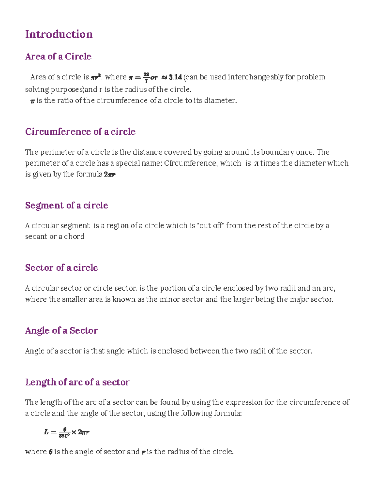 Areas Related to Circles: Formulas and Concepts - Studocu