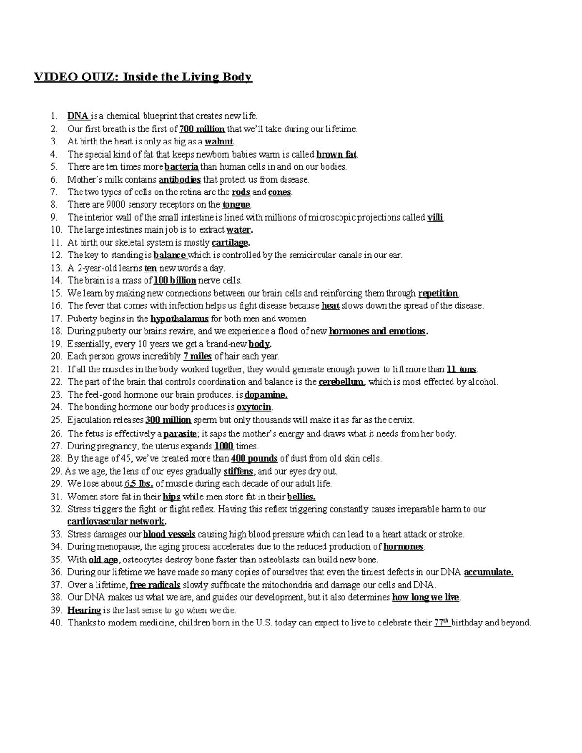 Inside the Living Body: Video Quiz Worksheet Insights - Studocu