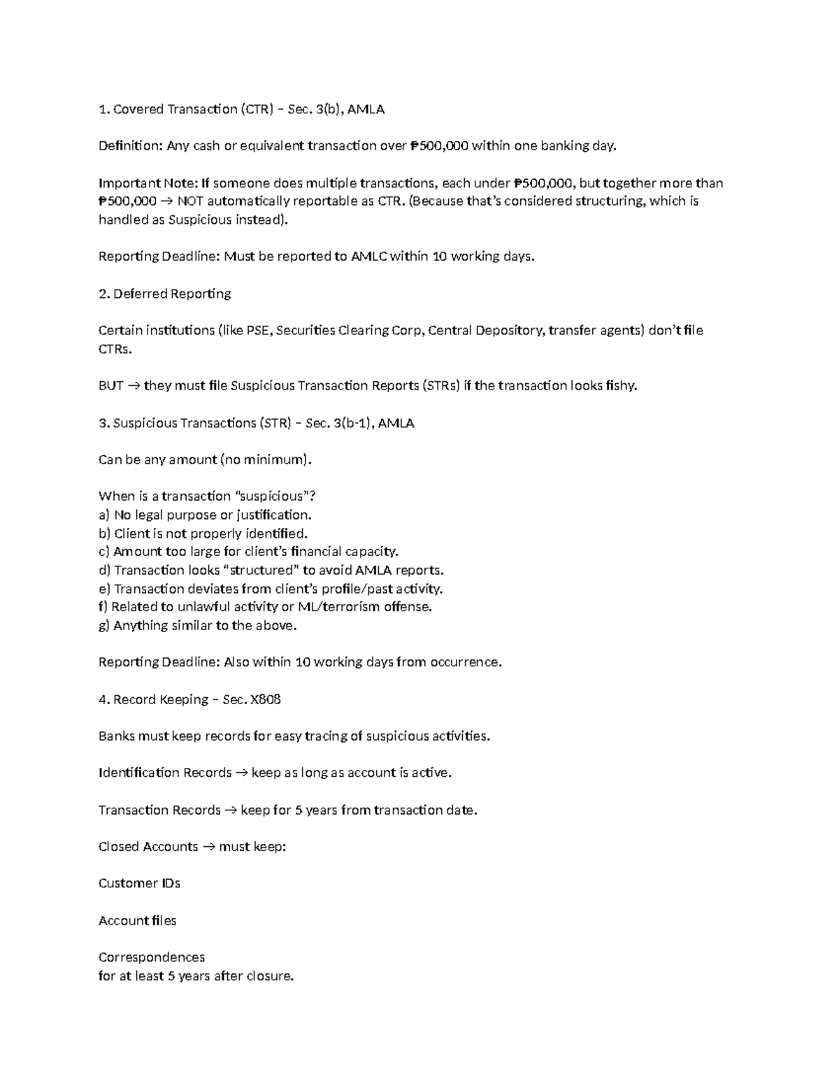 Covered Transactions vs Suspicious Transactions: AMLA Guidelines - Studocu