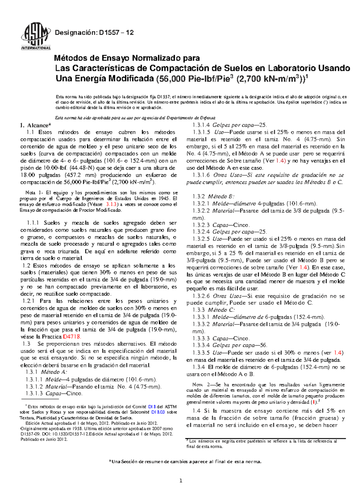Métodos de Ensayo Normalizado ASTM D1557 para Compactación de Suelos - Studocu