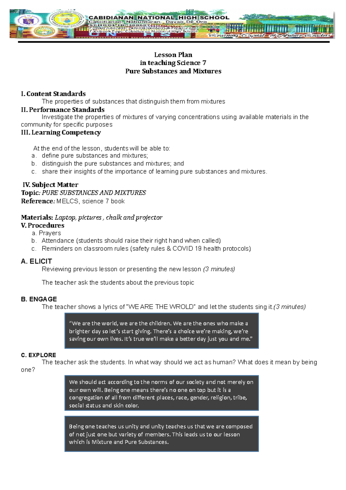Science 7 Lesson Plan on Pure Substances & Mixtures - 1st Quarter - Studocu