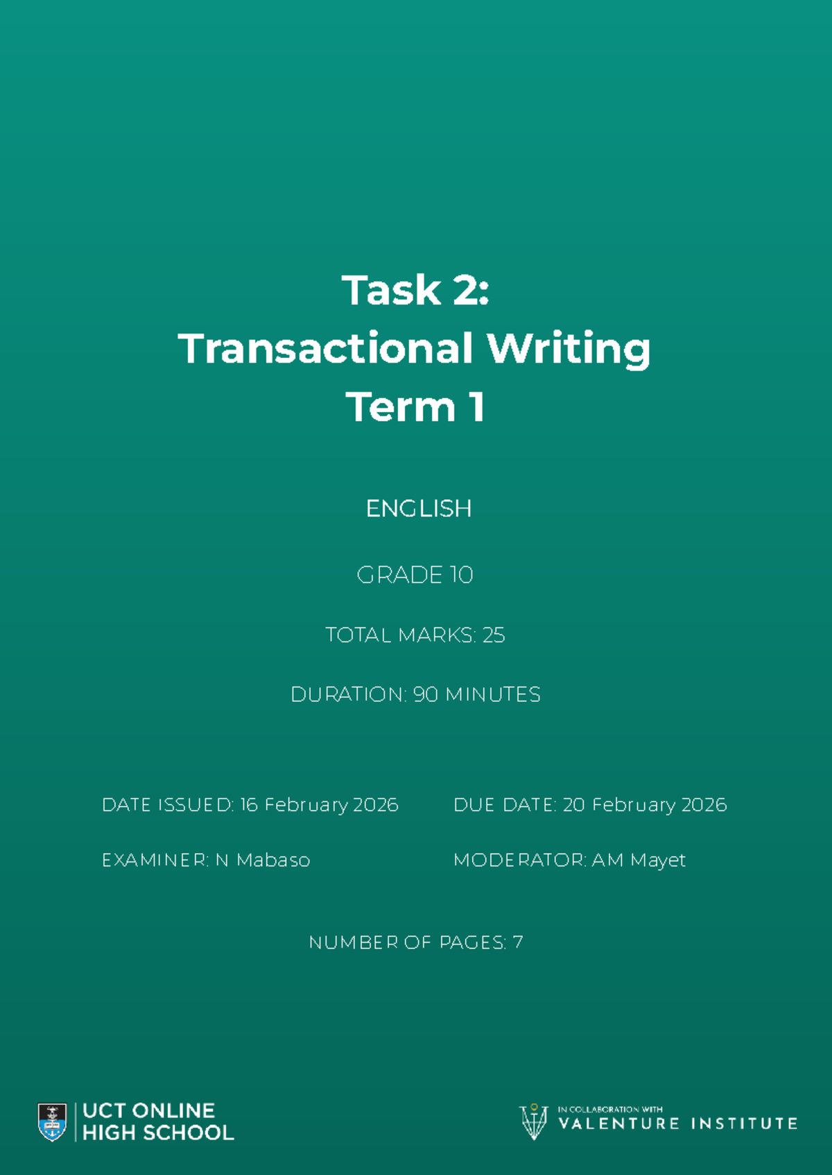 G10 ENGLISH TERM 1 TASK 2: TRANSACTIONAL WRITING QUESTION PAPER - Studocu
