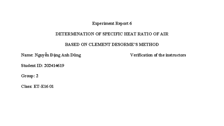LAB RP 6: Determining Specific Heat Ratio of Air via Clement Method ...