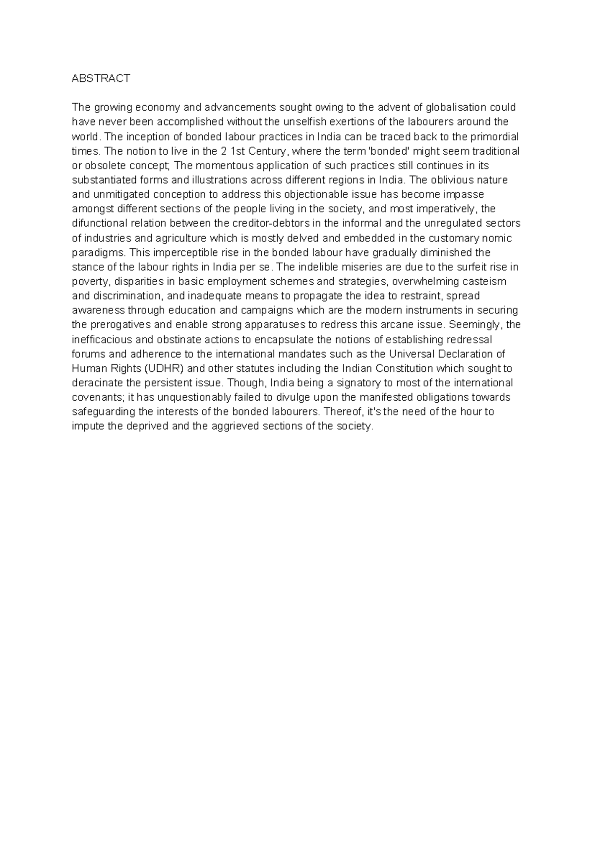Labour Law Project: Abstract on Bonded Labour Practices in India - Studocu