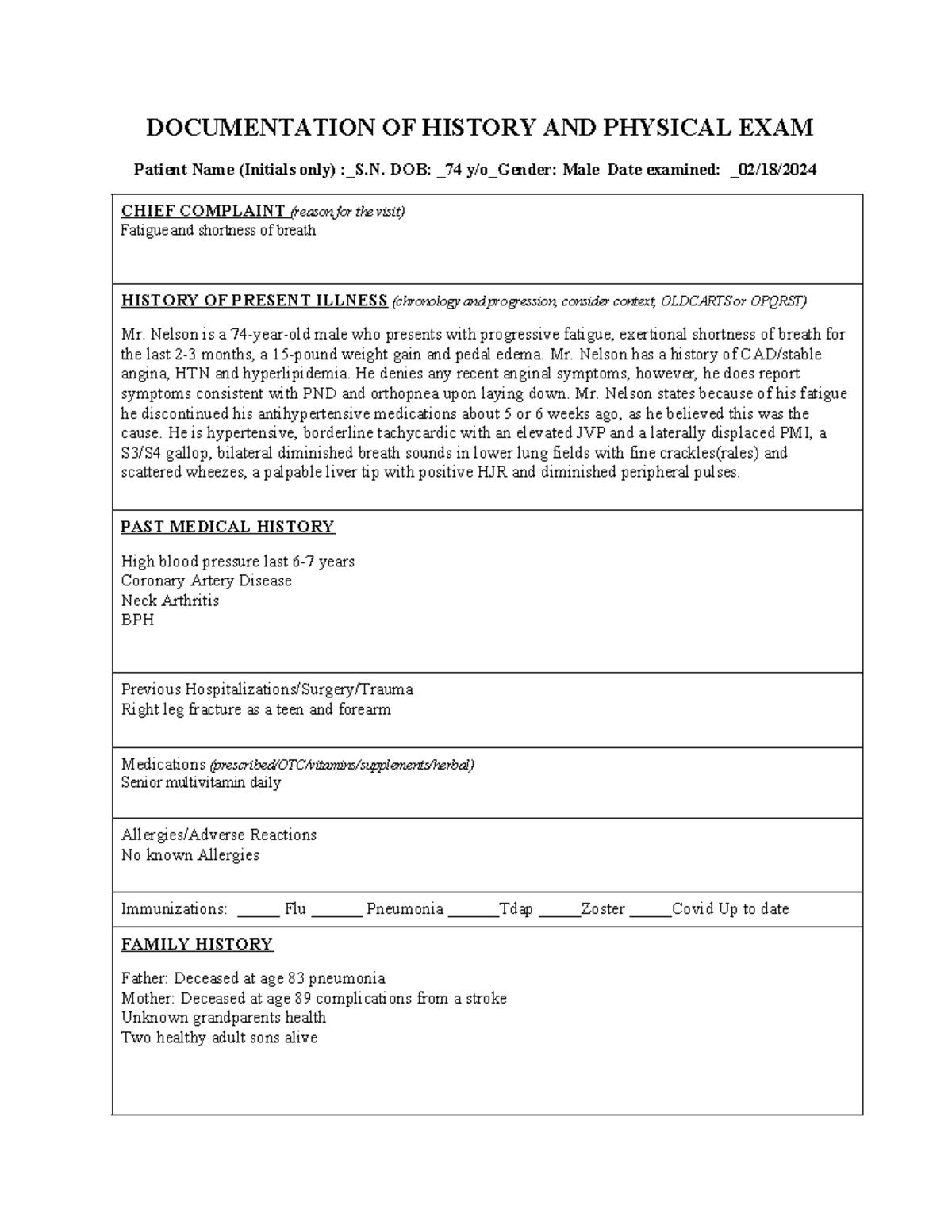 SOAP Note for Patient S.N. (74 y/o Male) - Clinical Summary - Studocu