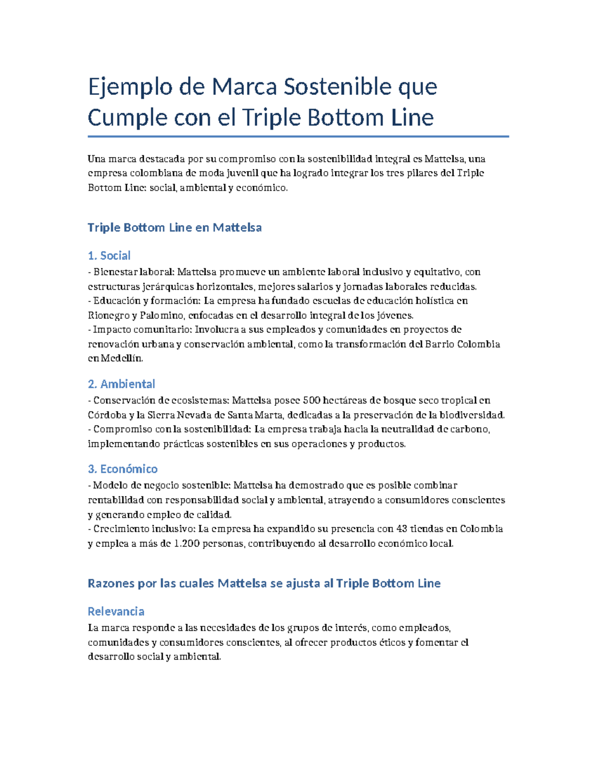 Mattelsa: Ejemplo de Marca Sostenible y Triple Bottom Line - Studocu