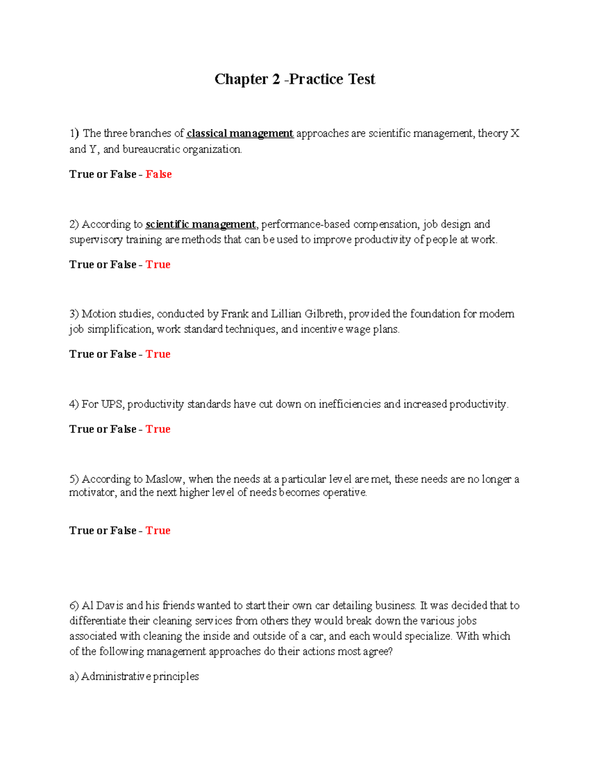 BOH Chapter 2 - Practice Test with Answers on Management Theories - Studocu