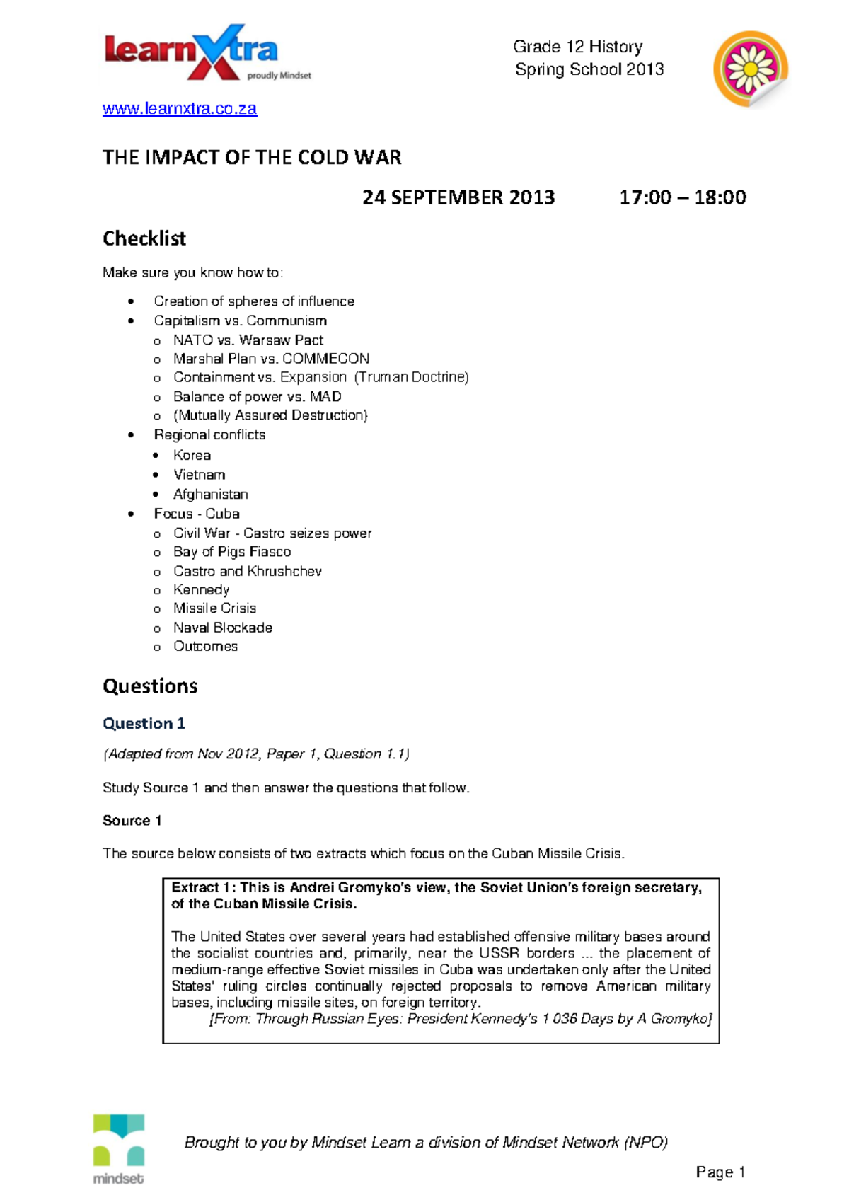 History study notes - Grade 12 History Spring School 2013 learnxtra.co ...