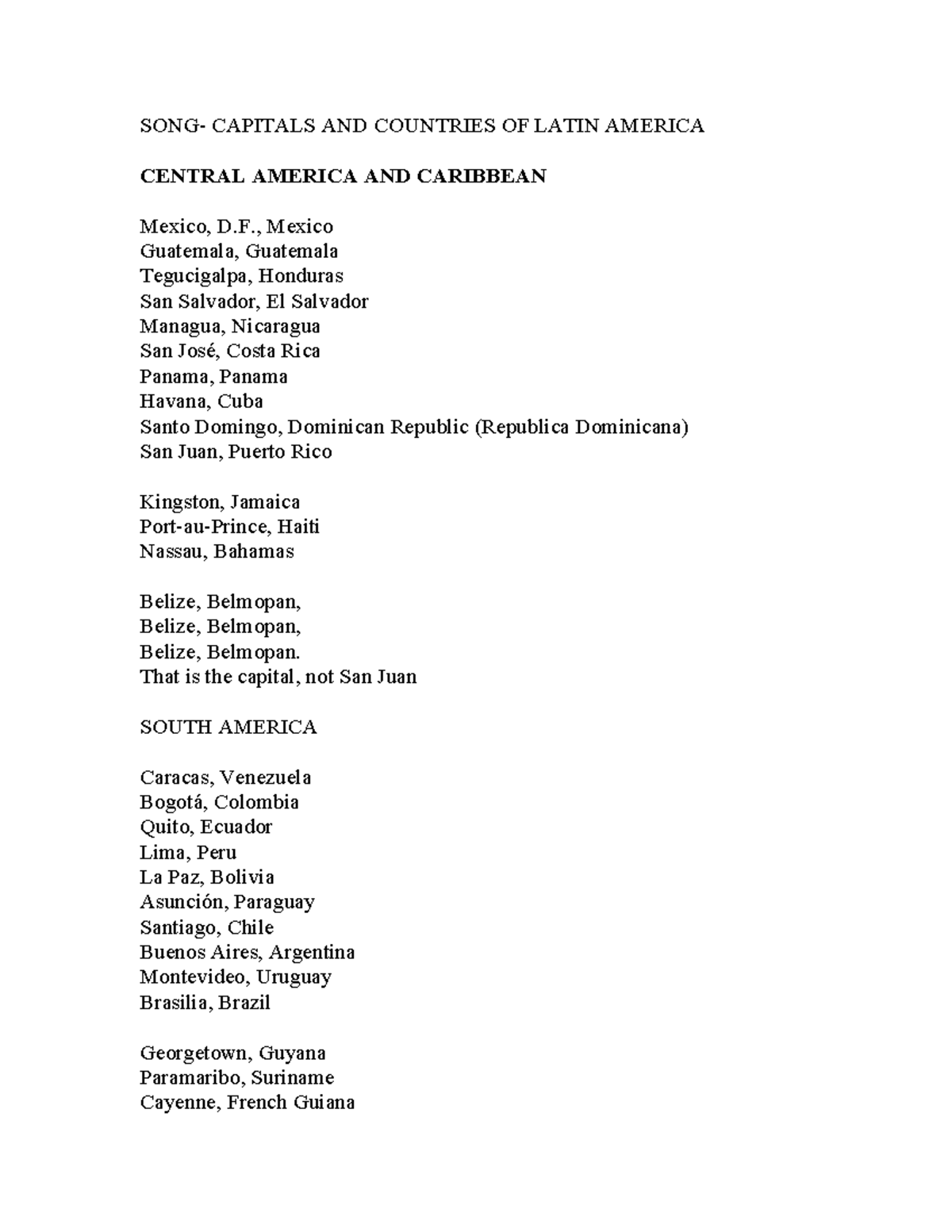 Song latin america 2 - notes for reading - SONG- CAPITALS AND COUNTRIES ...