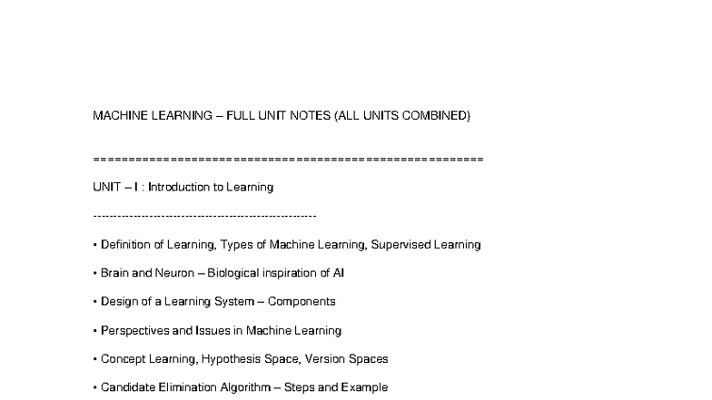 ML Full Unit Notes - bvghvh - MACHINE LEARNING – FULL UNIT NOTES (ALL ...