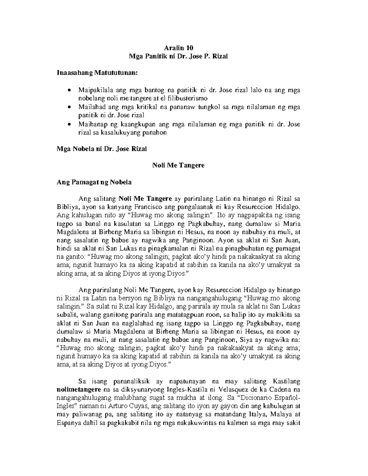 Aralin 10: Mga Panitik ni Dr. Jose P. Rizal at ang Kanilang Kahalagahan ...